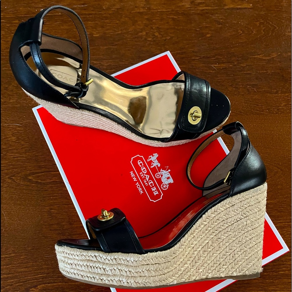 Coach Black Leather Wedge Sandals Glinda - Gem